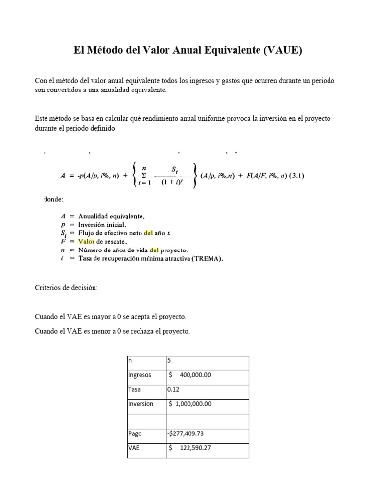 Método del Valor Anual Equivalente (VAE) | PDF
