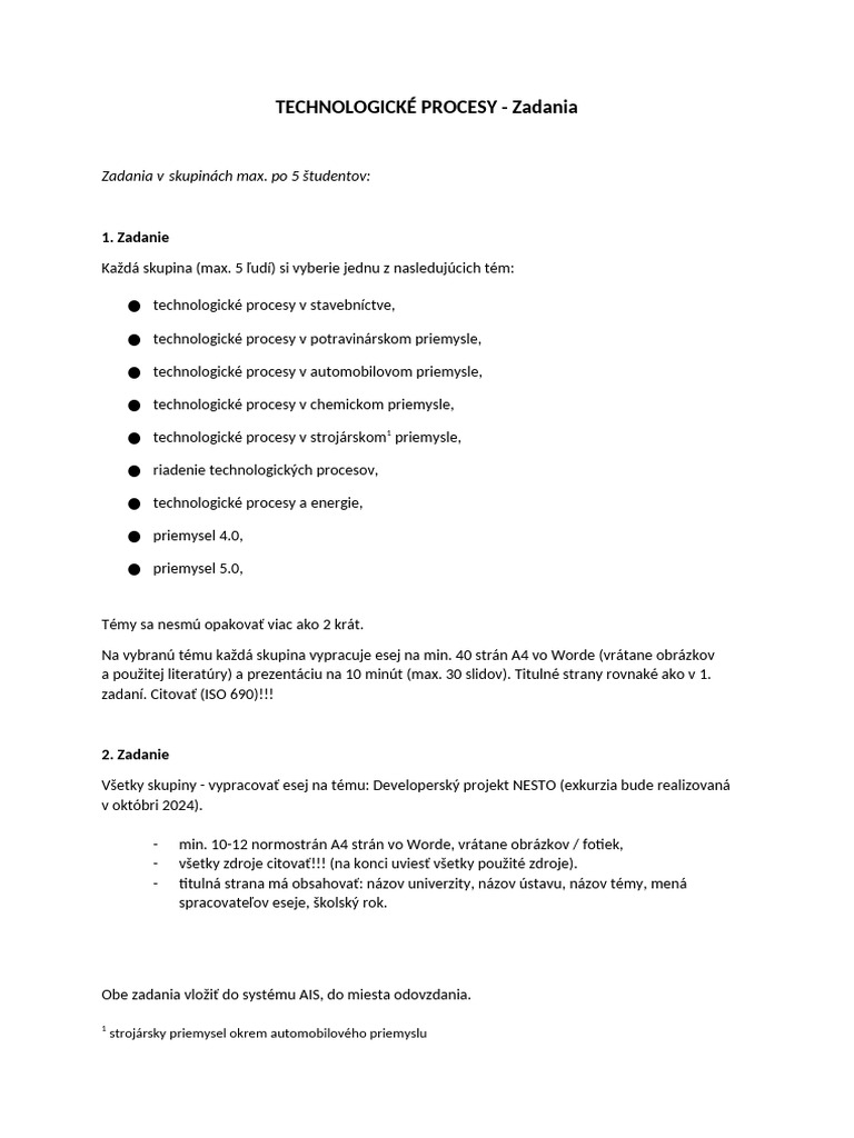 TECHNOLOGICKE PROCESY Zadania | PDF