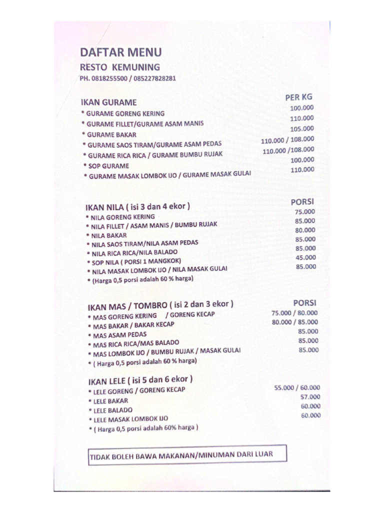 MENU RESTO KEMUNING | PDF