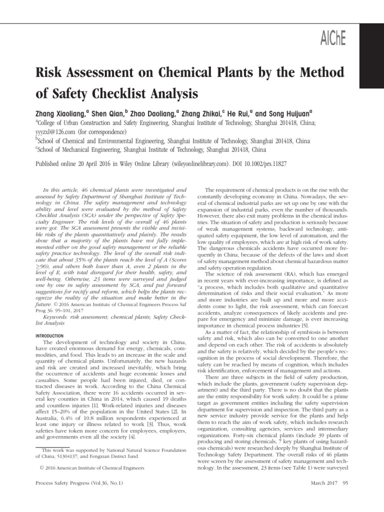 Risk Assessment On Chemical Plants by The Method of Safety Checklist ...