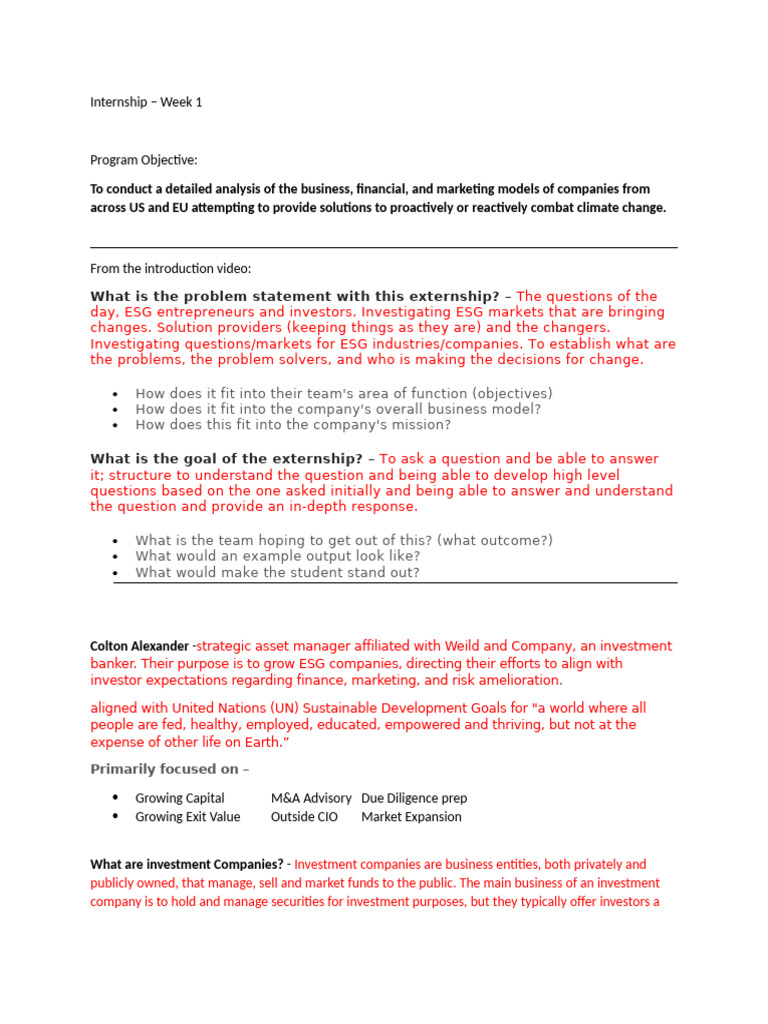 Internship Week 1 Notes | PDF | Investing | Business