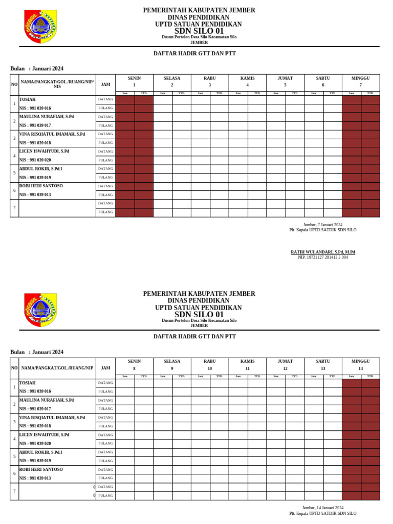 ABSEN DAFTAR HADIR GTT DAN PTT (FORM DINAS) SDN SIlo 01 | PDF