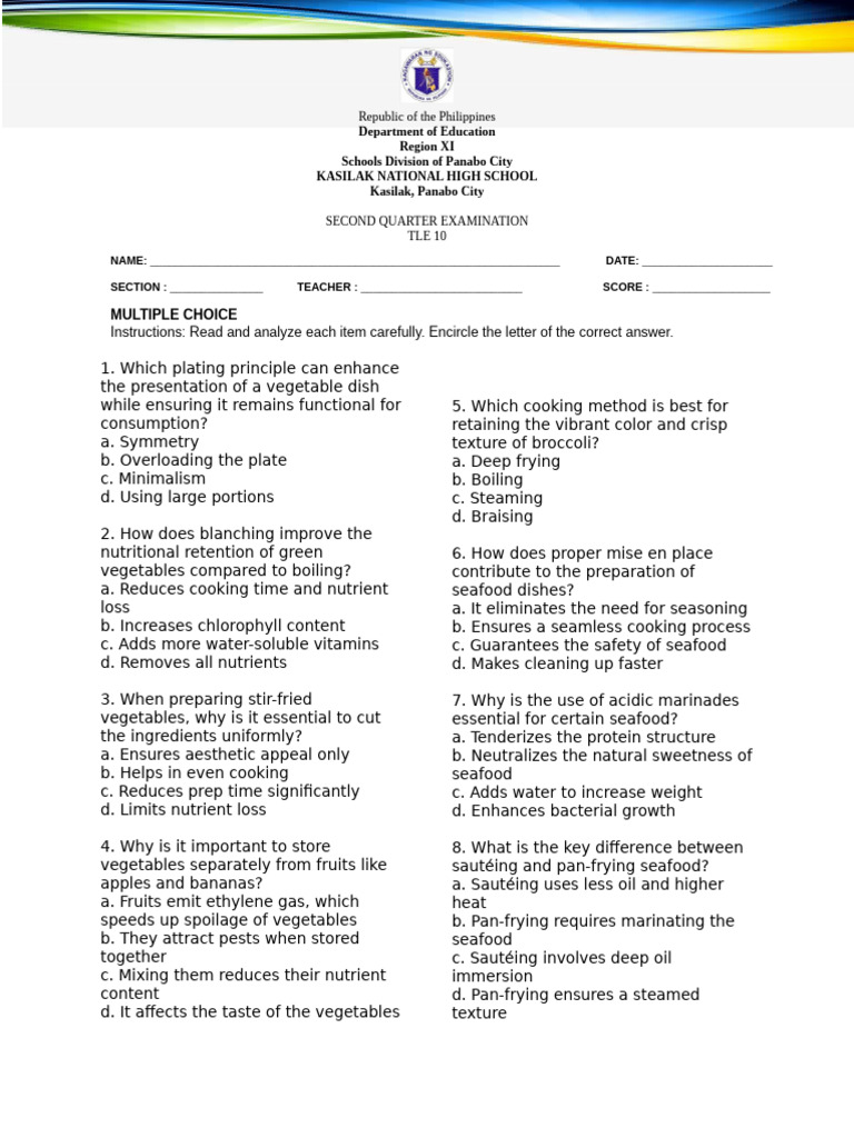GRADE 10 SECOND QUARTER | PDF | Cooking | Vegetables GRADE 10 SECOND QUARTER | PDF | Cooking | Vegetables