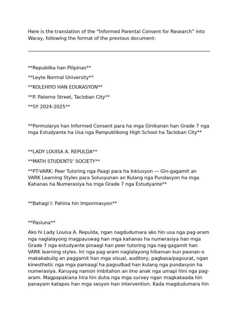 Binisaya Parental Consent | PDF