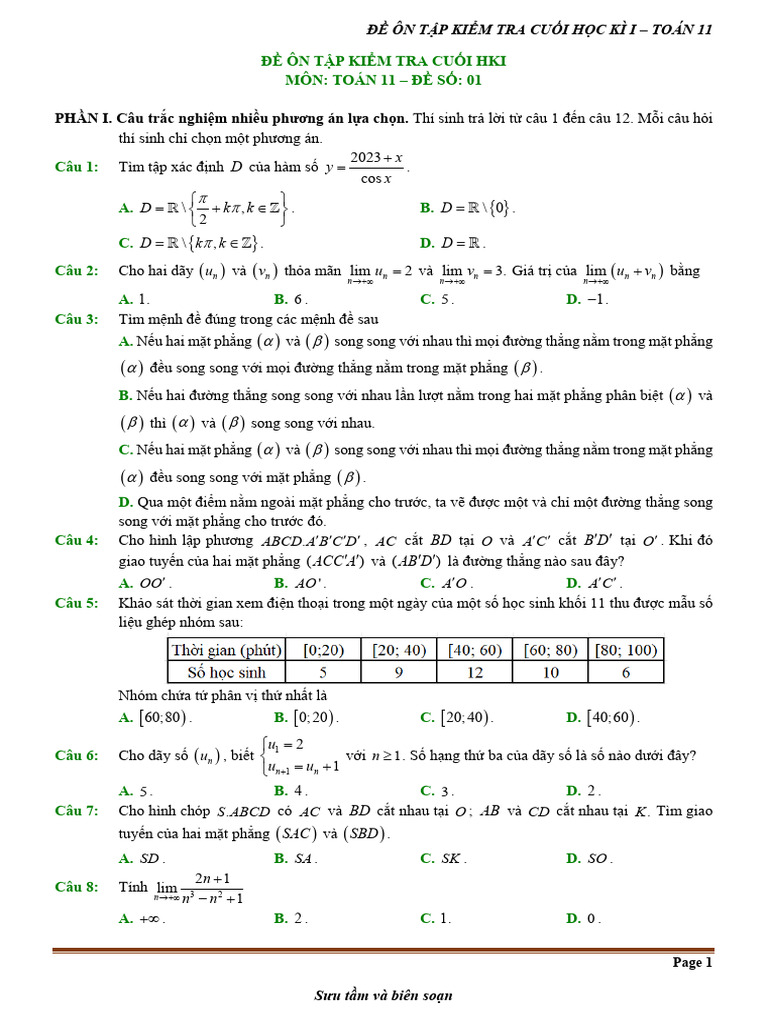 10 de on Tap Cuoi Hoc Ki 1 Toan 11 Ctst Cau Truc Trac Nghiem Moi | PDF