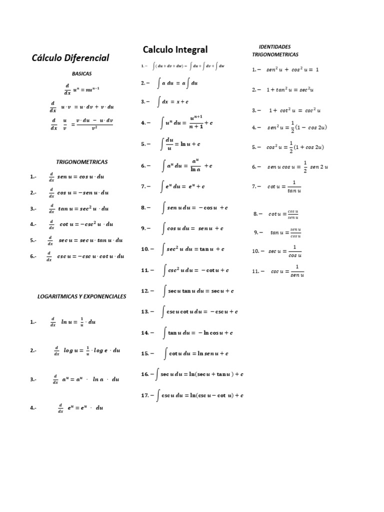Formulario Calculo Integral y Diferencial | PDF