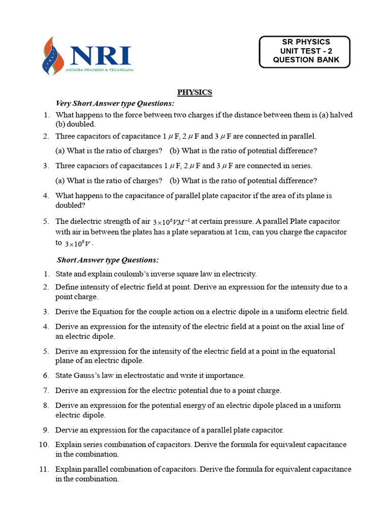 SR Physics Ut-Ii Que Bank Paper-1 | PDF | Capacitor | Capacitance