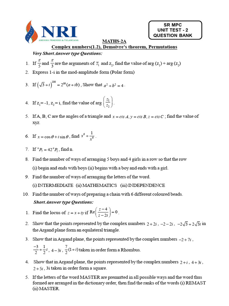 SR MPC Maths-Iia Ut-2 Que Bank Paper-1 | PDF | Complex Number | Elementary Geometry