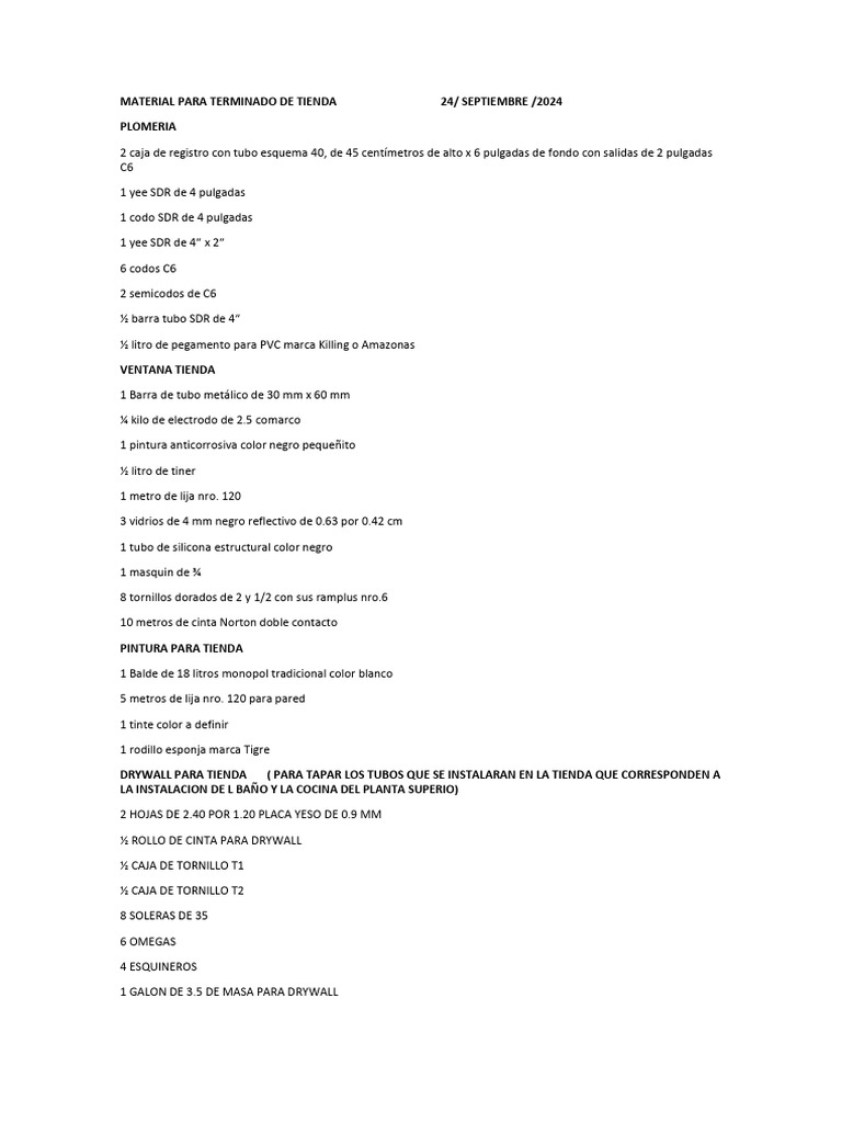 Material Para Terminado de Tienda 24 | PDF