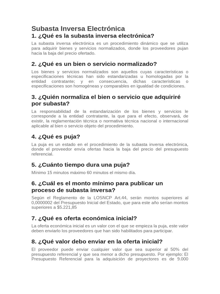 Preguntas Subasta Inversa Electrónica | PDF | Subasta | Presupuesto