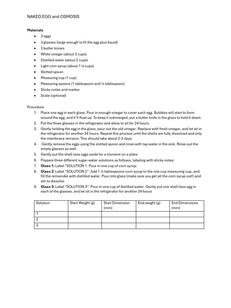 Naked Egg Osmosis Experiment Guide | PDF