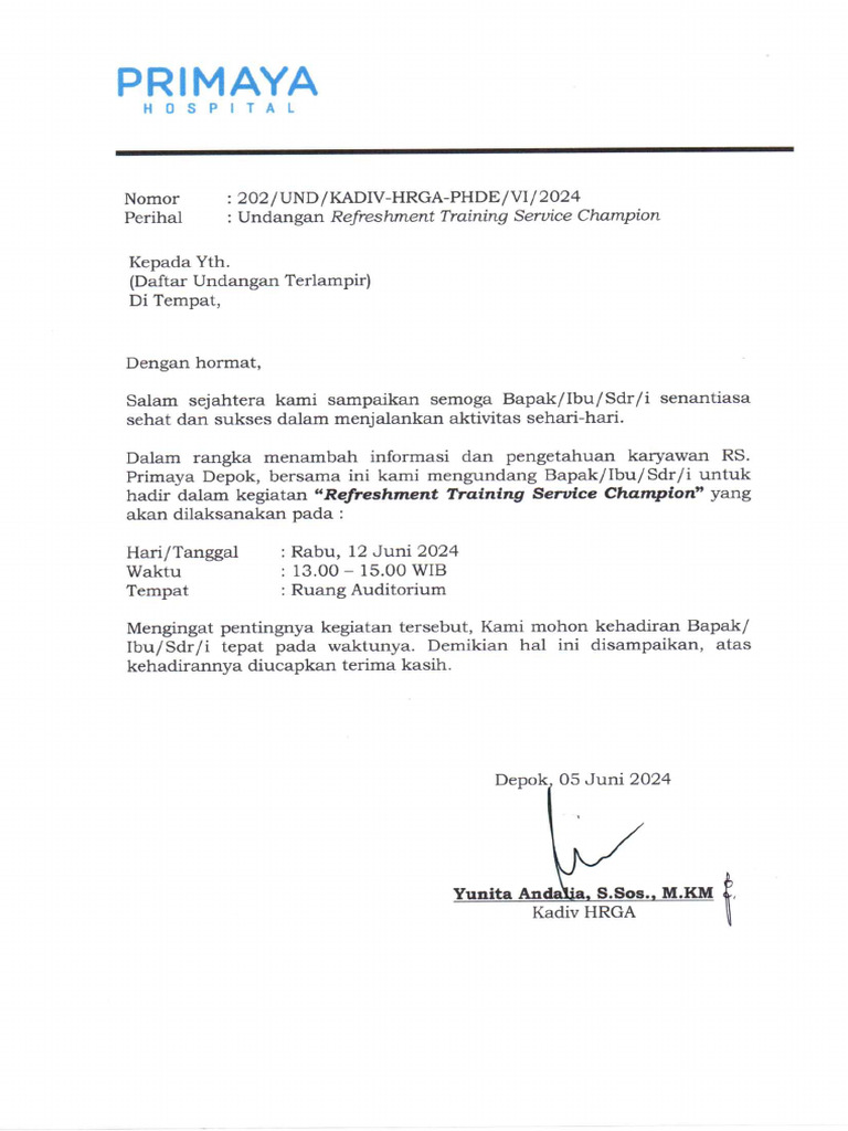 Undangan Refreshment Training Service Champion | PDF