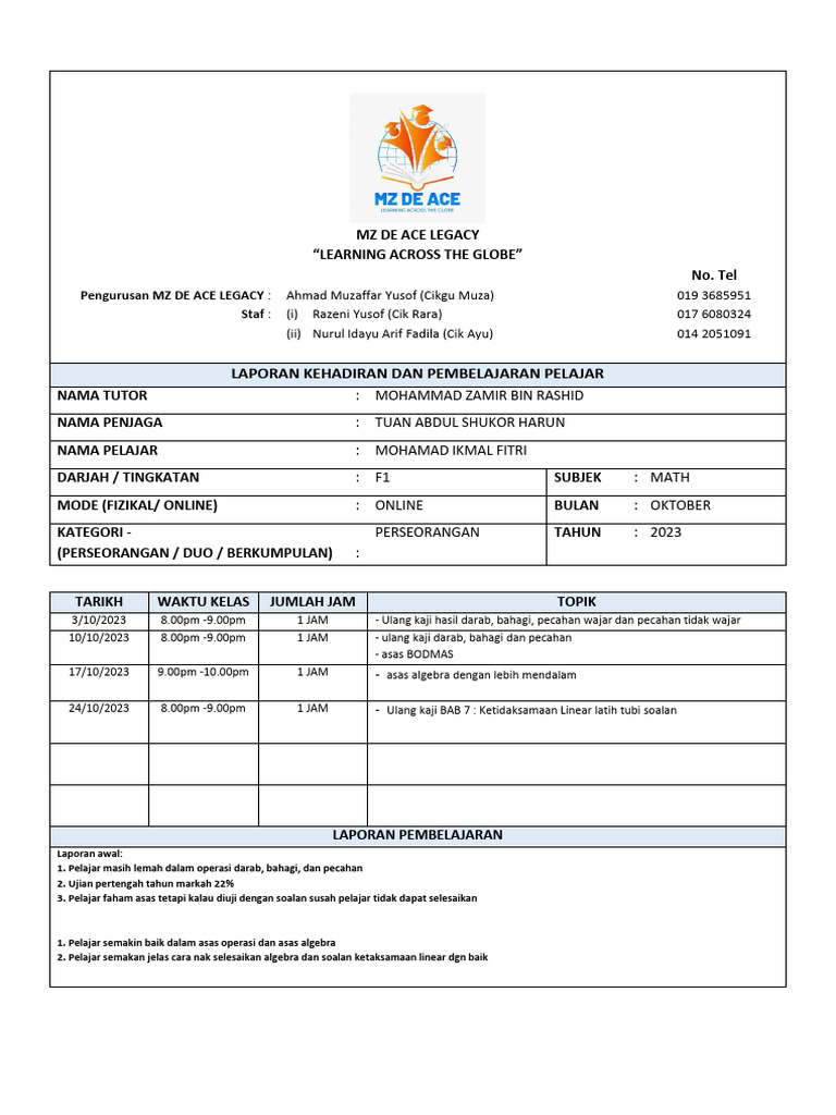 F1 Ikmal Iftri Laporan Kehadiran Dan Pembelajaran Pelajar | PDF