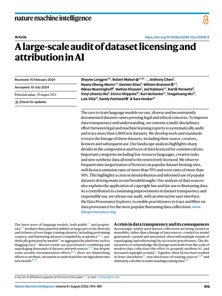 Article - A Large-Scale Audit of Dataset Licencing and Attribution in Ai | PDF | Artificial ...