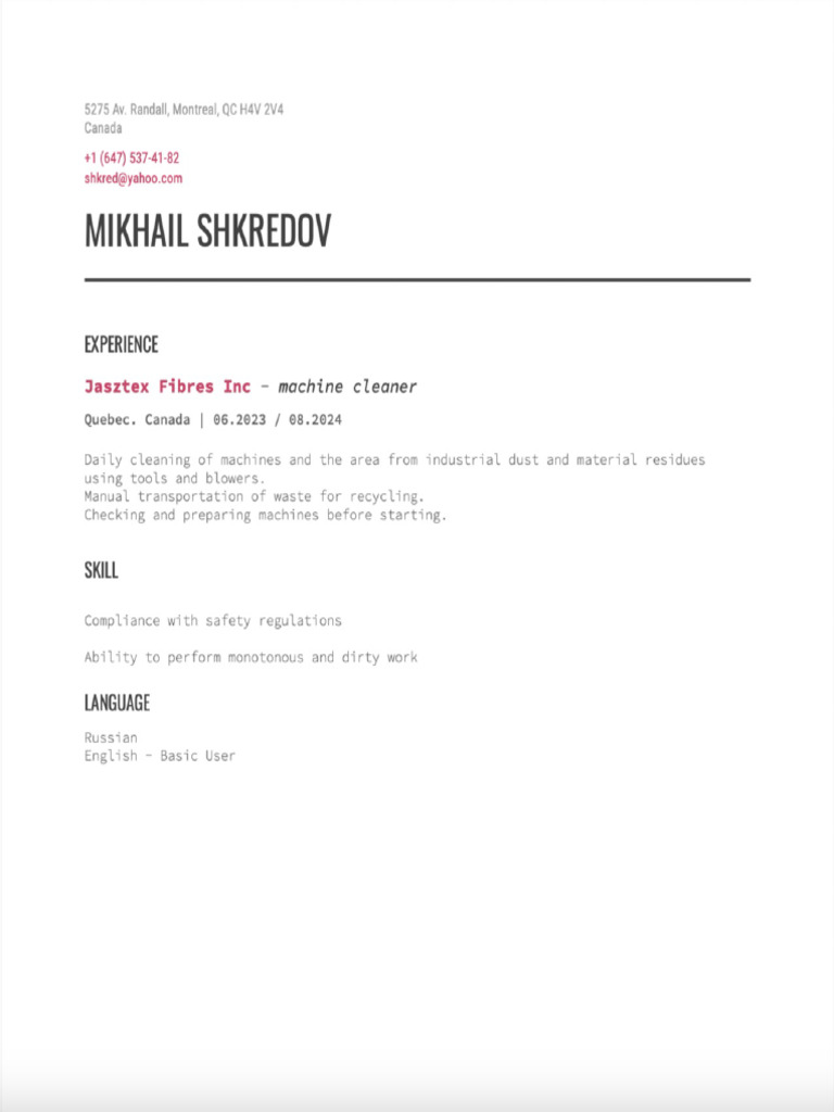 CV Machine Cleaner Mikhail Shkredov | PDF