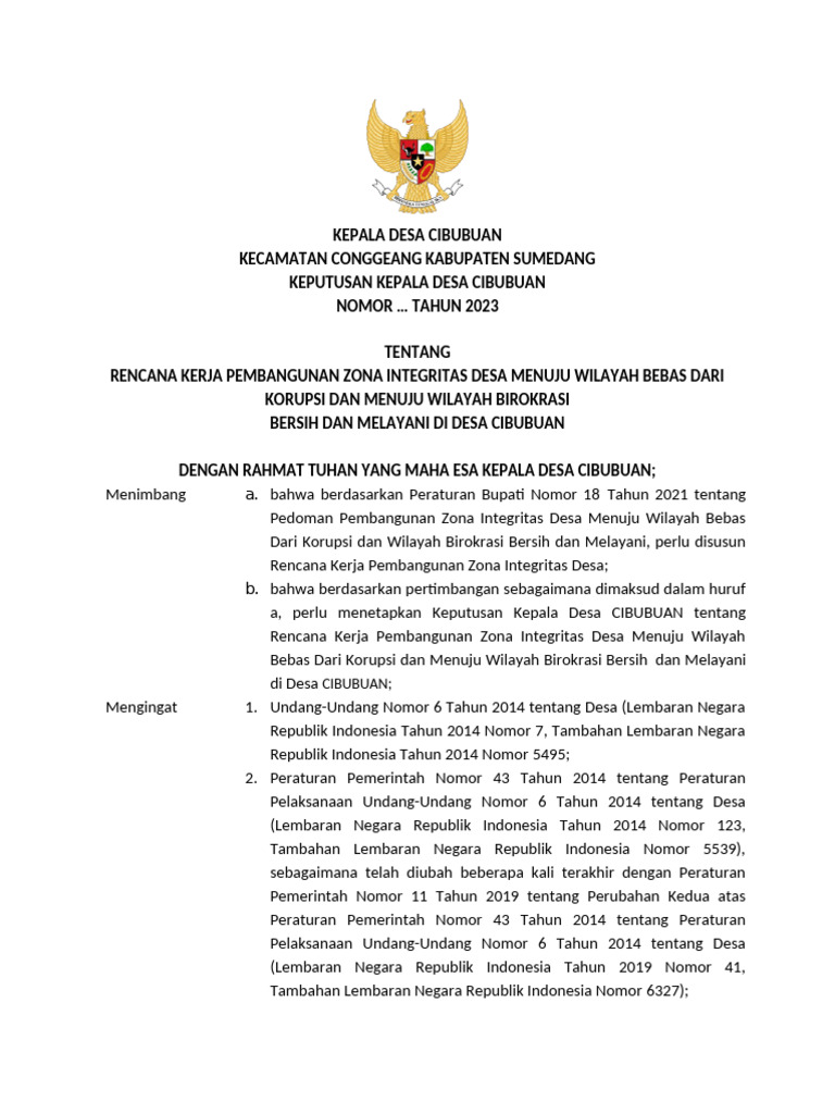 Keputusan Kepala Desa Tentang Rencana Kerja ZI Desa Cibubuan | PDF