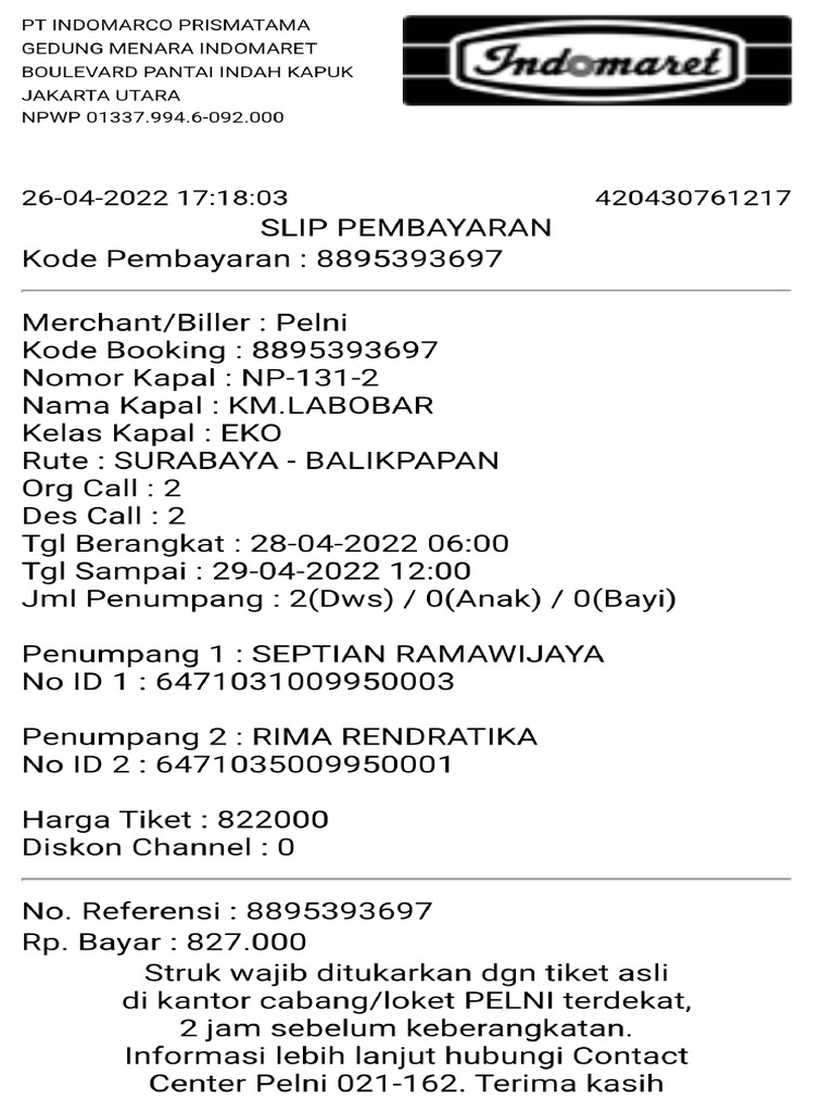 Struk tiket kapal | PDF