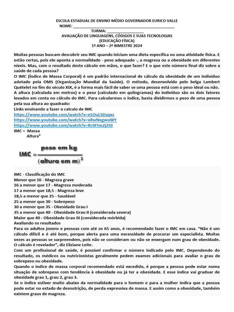 Atividade de imc | PDF | Índice de massa corporal | Obesidade Atividade de imc | PDF | Índice de massa corporal | Obesidade