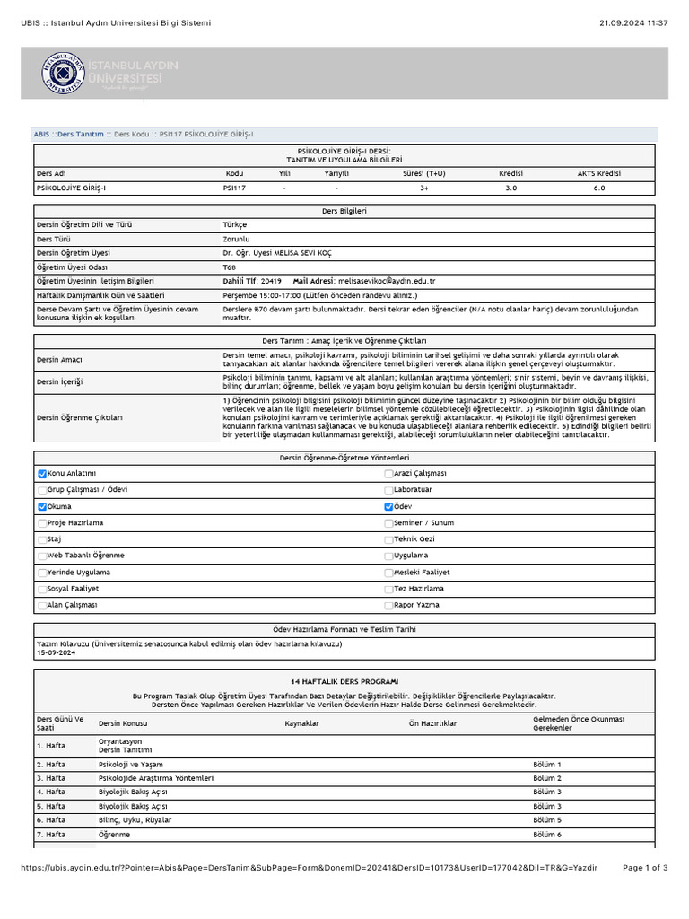 Ders Kodu:: PSI117 PS Koloj YEG R - I: Abis Ders Tanıtım | PDF