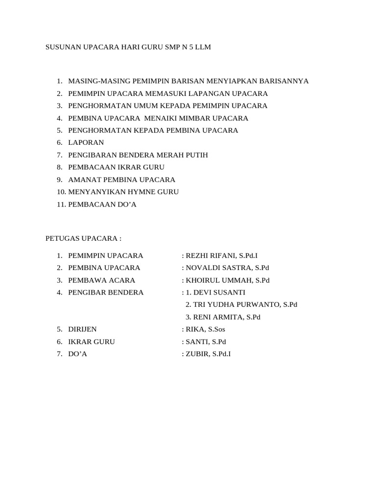 Susunan Upacara Hari Guru SMP N 5 LLM | PDF