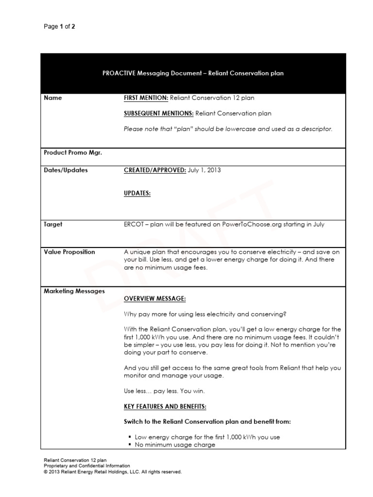 Reliant Conservation Plan Messaging | PDF