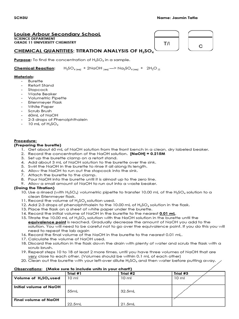 Titration Analysis of H2SO4 Concentration | PDF | Titration | Chemistry