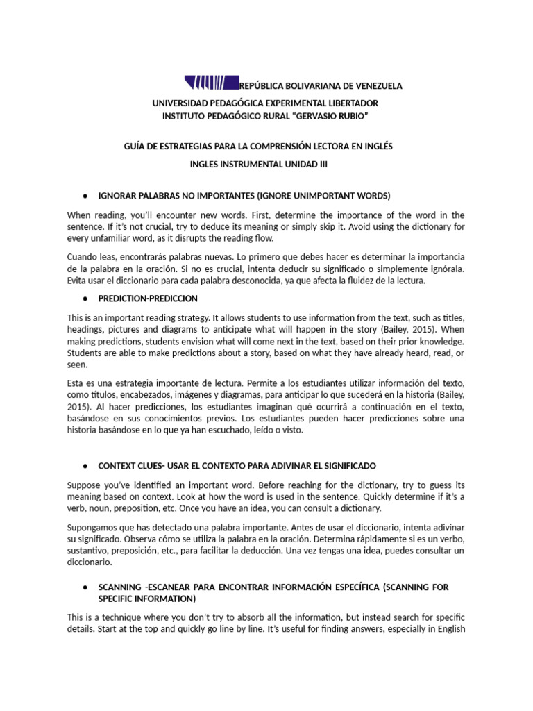 GUÍA de Estrategias para La Comprensión Lectora en Inglés-UNIDAD III ...