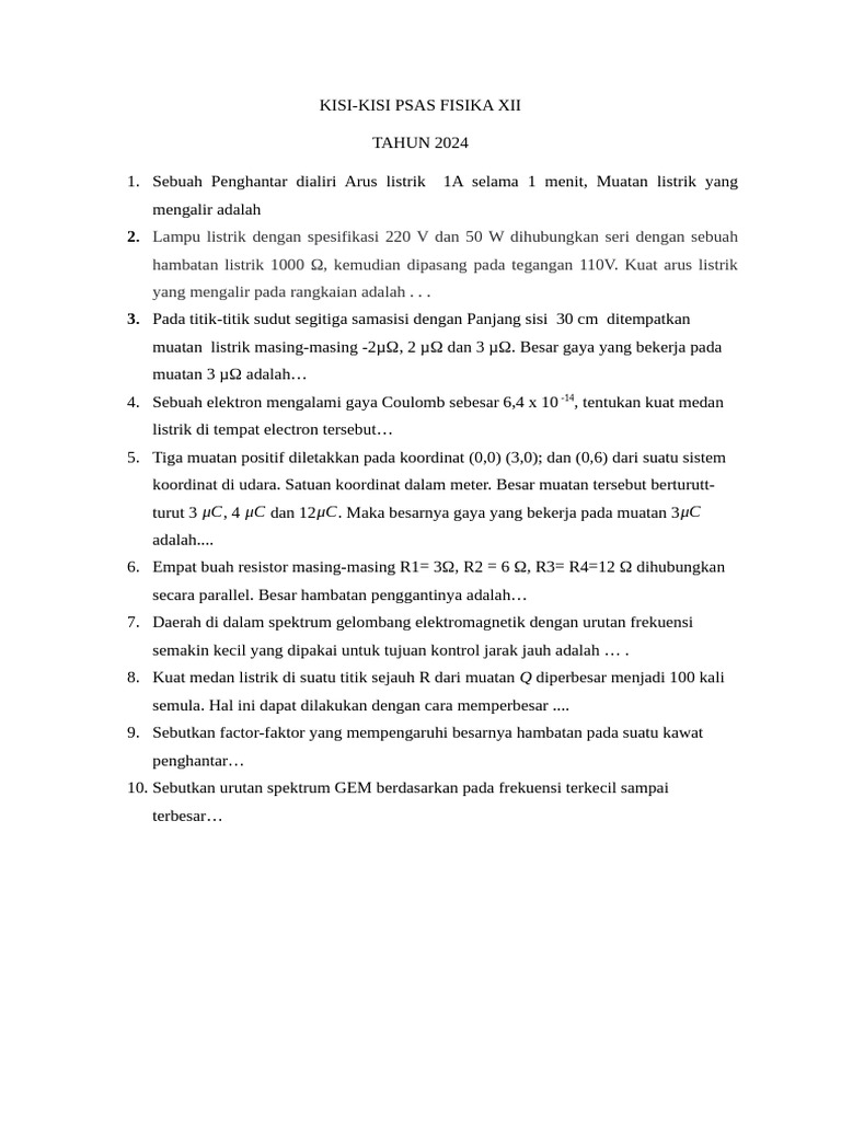 KISI Kisi PSAS Fisika 12 2024 | PDF