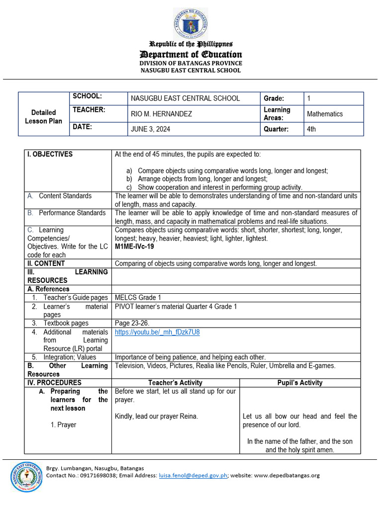 Grade 1 Long, Longer and Longest | PDF | Learning | Cognition