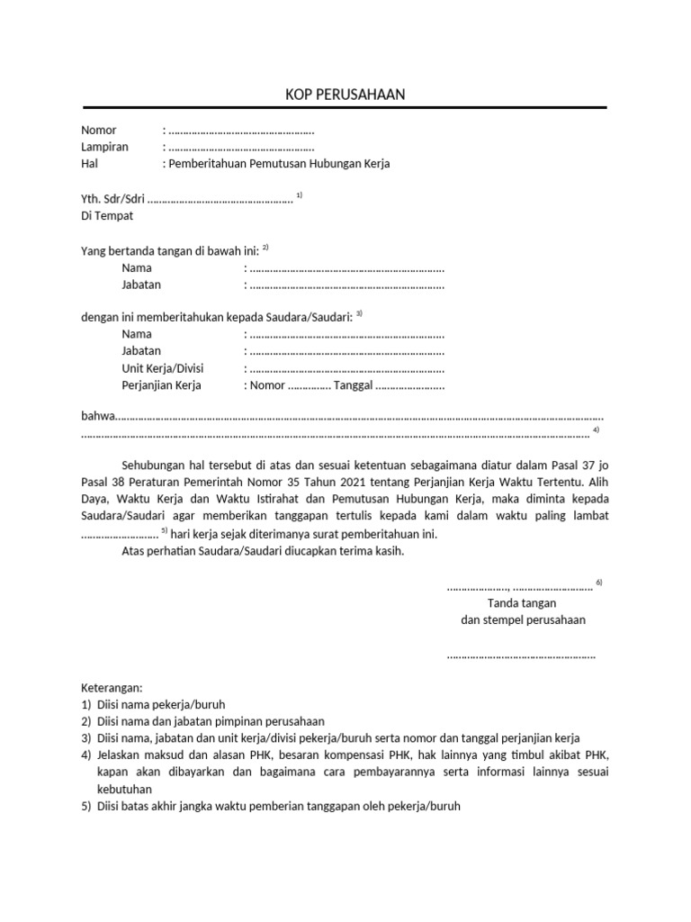 Surat Pemberitahuan PHK Karyawan | PDF