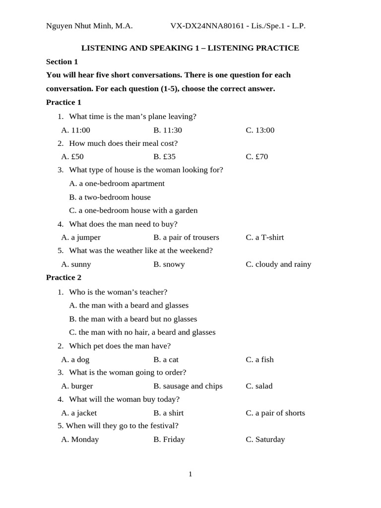 VX-DX24NNA80161 - Lis - Speak 1 - Listening Practice | PDF