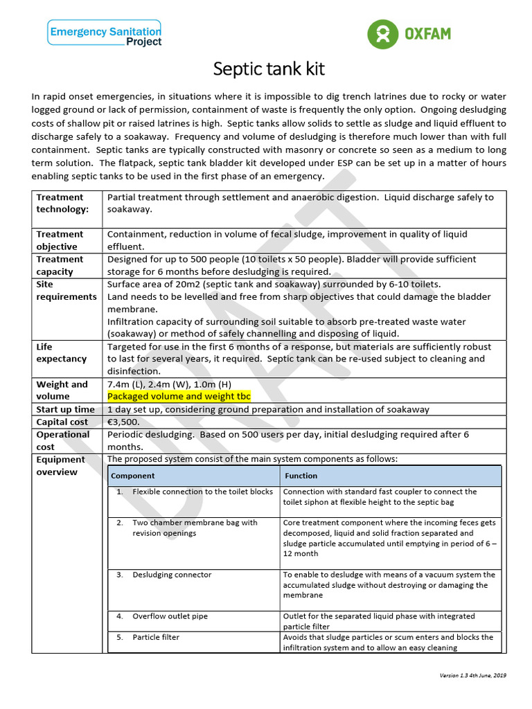 Fact Sheet Deployable Septic Tank Kit | PDF | Septic Tank ...