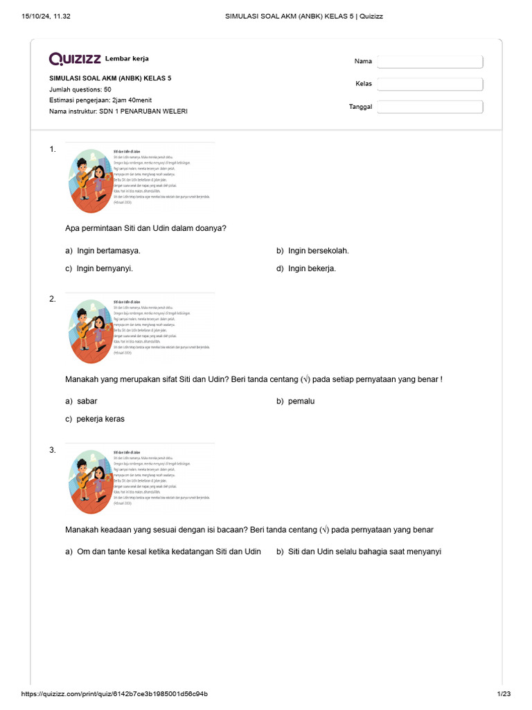 Simulasi Soal Akm (Anbk) Kelas 5 - Quizizz | PDF