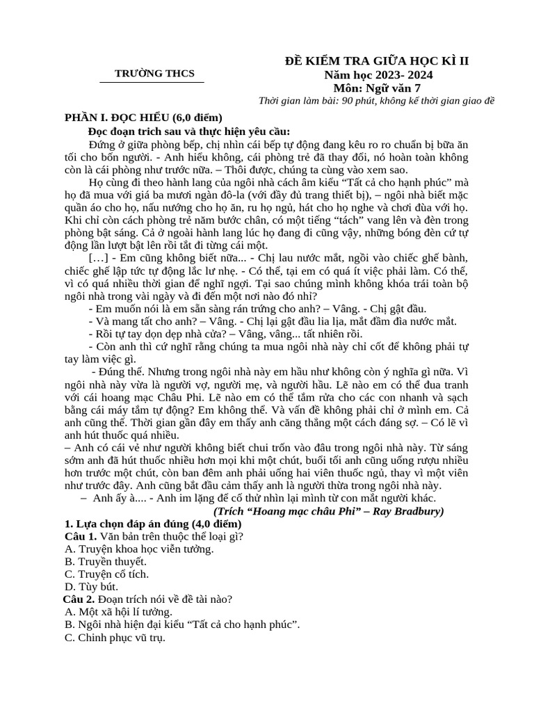 TRƯ NG THCS Văn 7 Gi A K 2 | PDF