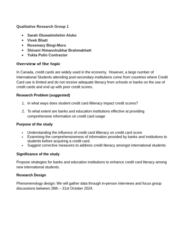 Qualitative Research Project - Credit Card Illiteracy | PDF