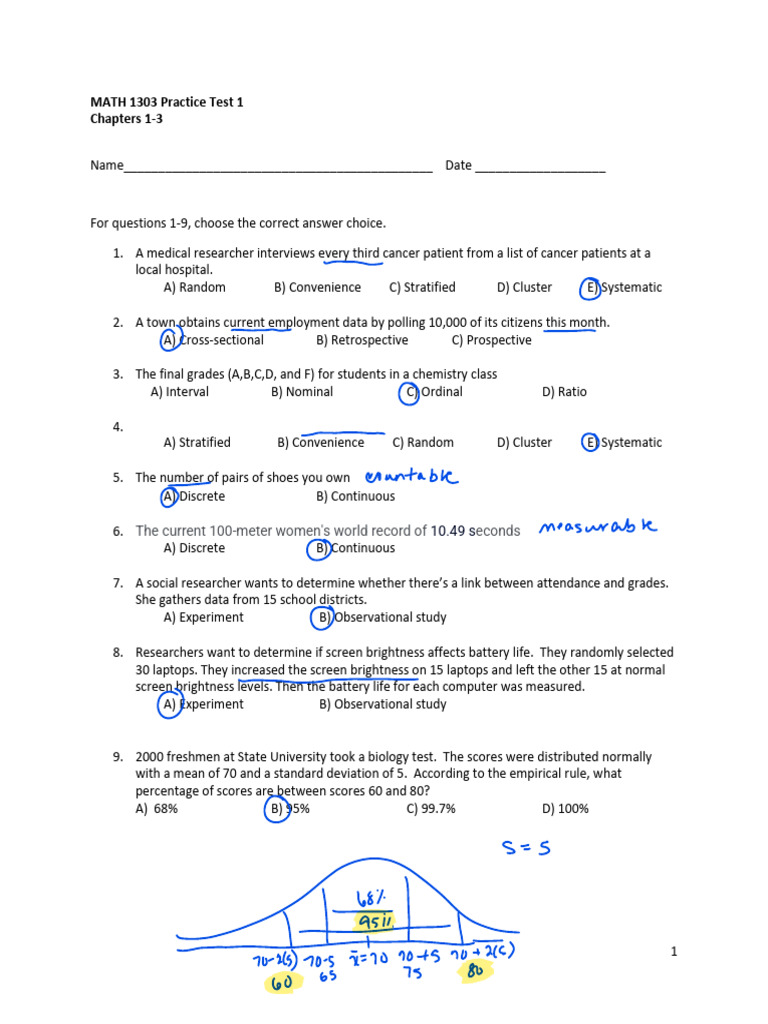 MATH 1303 Practice Test 1 - Solution Key | PDF | Standard Deviation ...