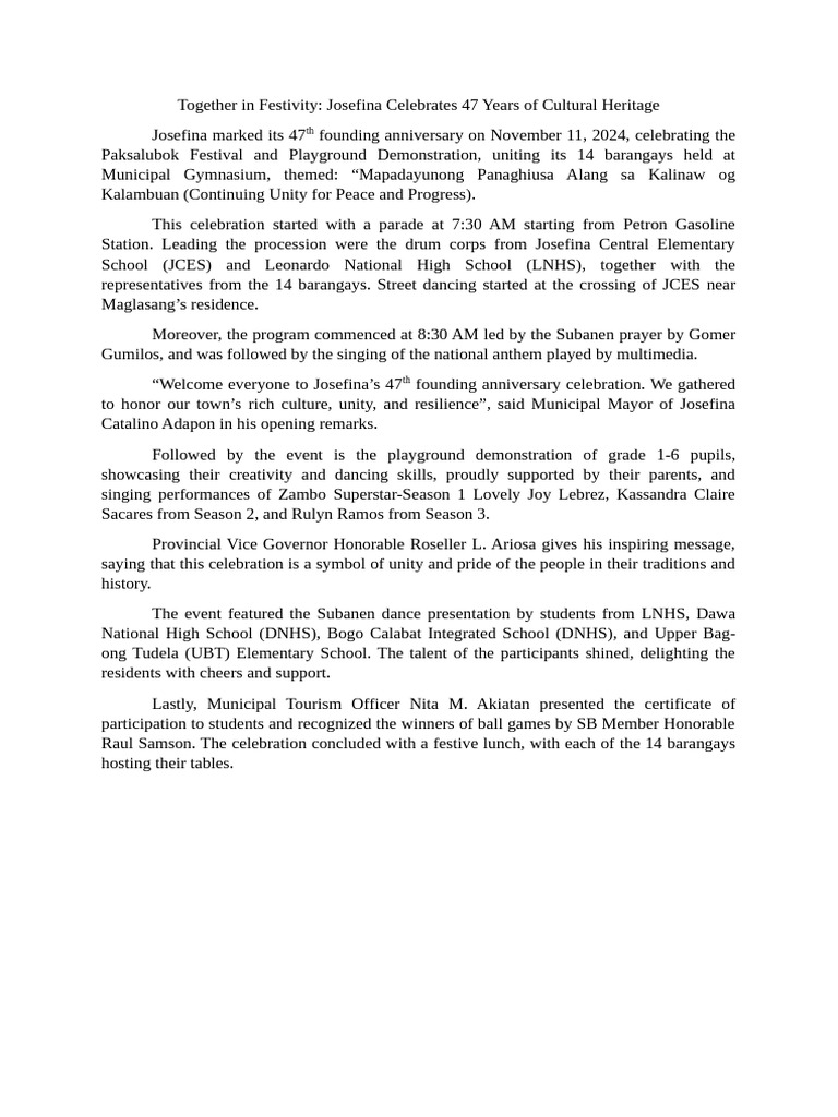 DSPC News Article 47th Araw NG Josefina | PDF