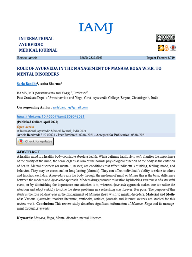 ROLE OF AYURVEDA IN THE MANAGEMENT OF MANASA ROGA W.S.R. TO MENTAL DISORDERS Sarla Bandhe1 ...