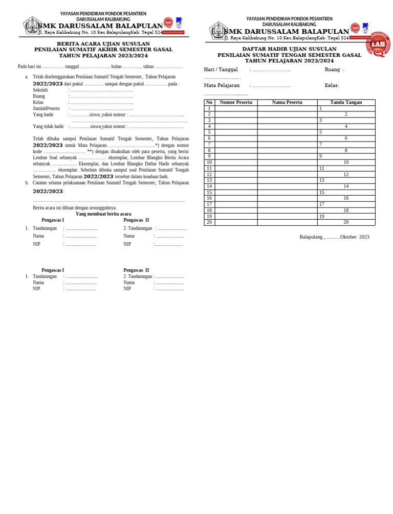 Berita Acara Dan Daftar Hadir Ujian Susulan | PDF