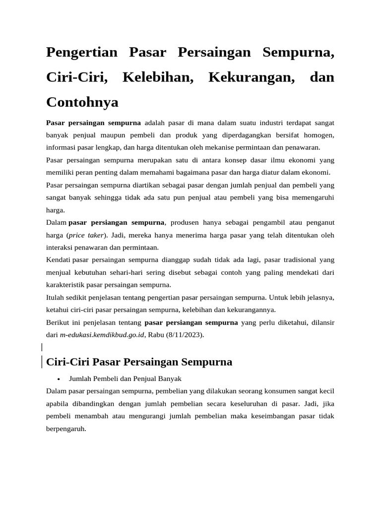 Pasar Persaingan Sempurna | PDF