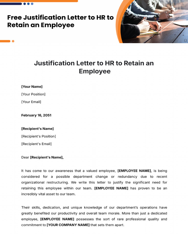 Free Justification Letter To HR To Retain An Employee Template - Edit ...