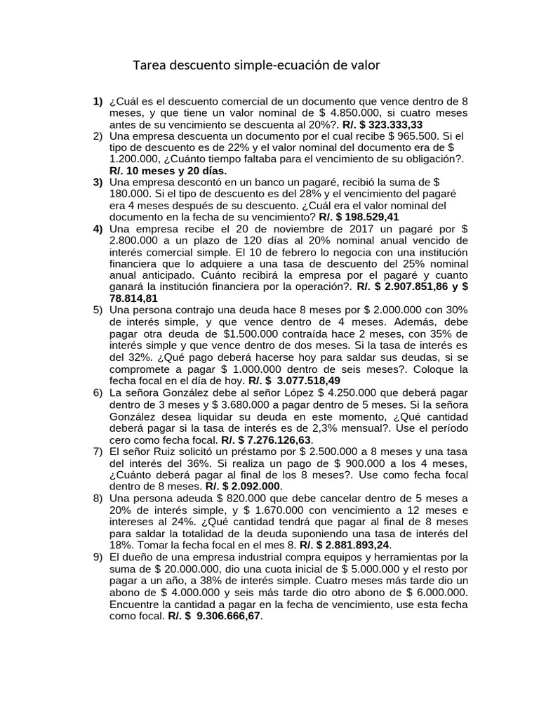 Tarea Descuento Simple - Ecuación de Valor Sem 3 | PDF | Bancos | Crédito