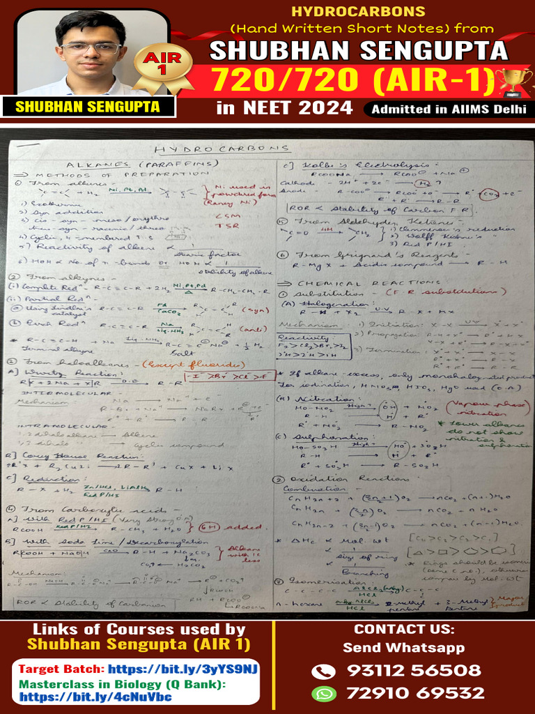 Short Notes - Hydrocarbons (AIR 1 NEET 2024) | PDF