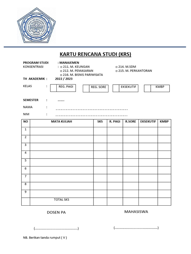 Kartu Rencana Studi S1 Manajemen | PDF