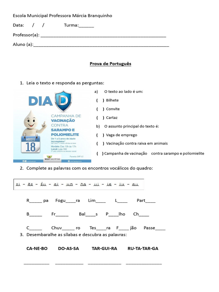 Prova de Português para Alunos do Ensino Fundamental | PDF