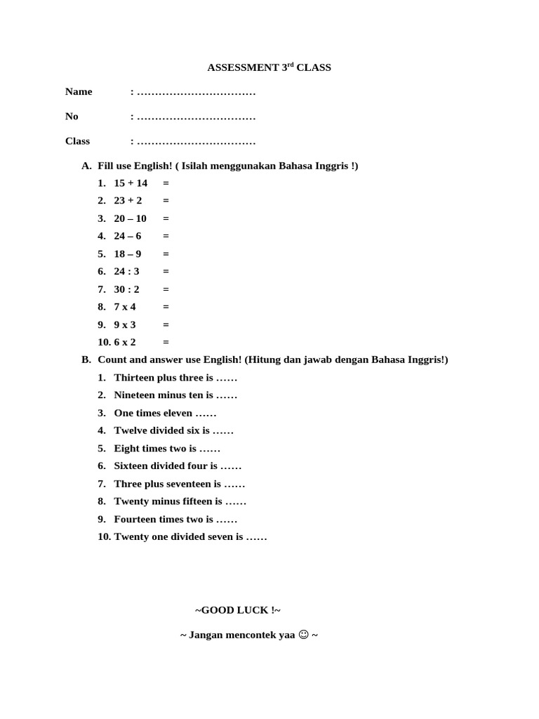 Assessment 3rd Class | PDF