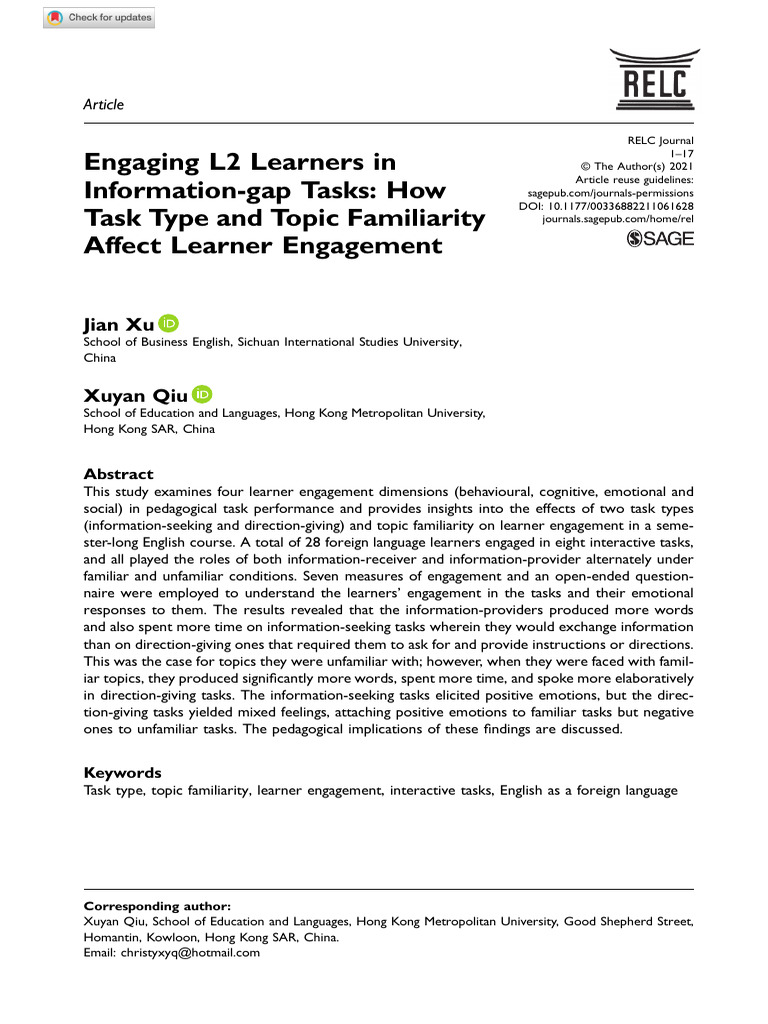 Engaging L2 Learners in Information-gap Tasks - How Task Type and Topic ...