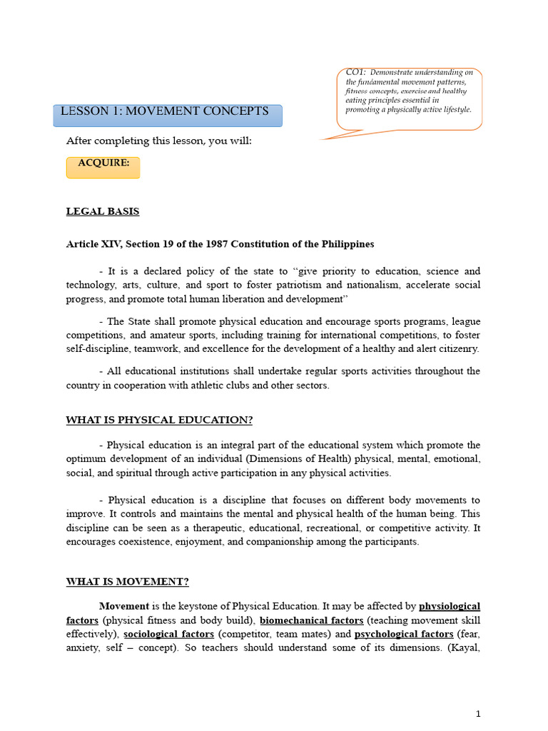 Lesson 1 Movement Concept (Aquire) | PDF | Psychology