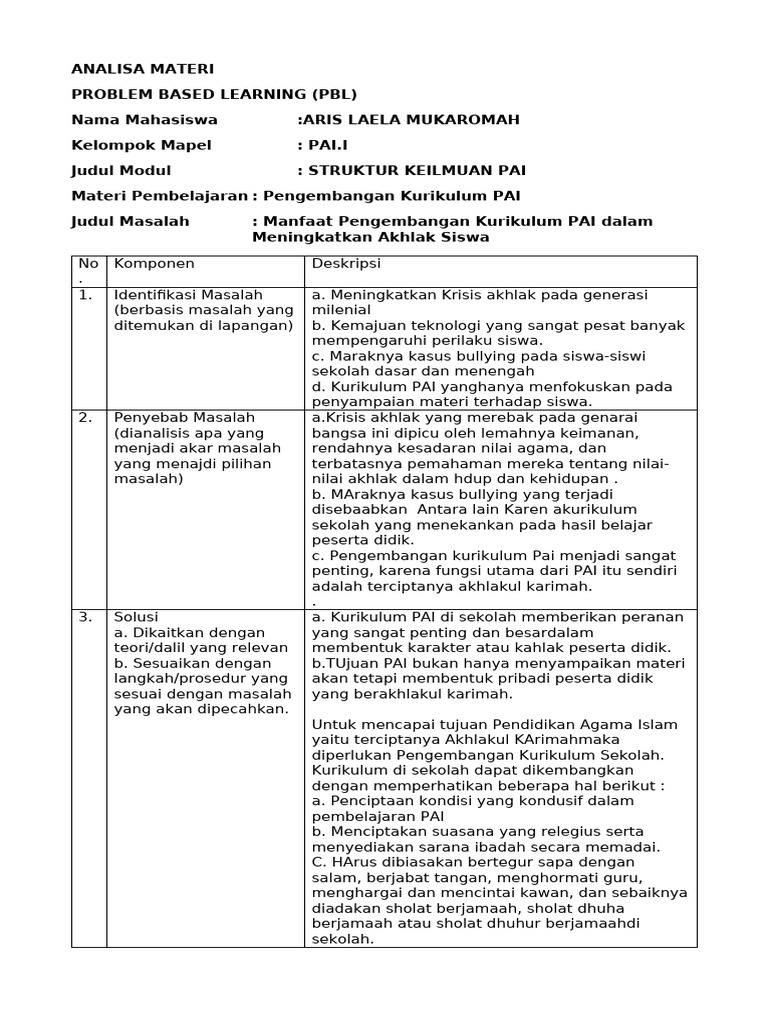 ANALISA MATERI PBL STRUKTUR KEILMUAN PAI | PDF