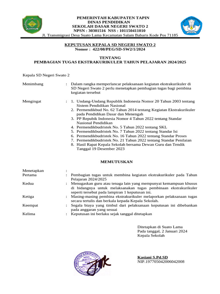 SK Ekstrakurikuler 2023 2024 | PDF